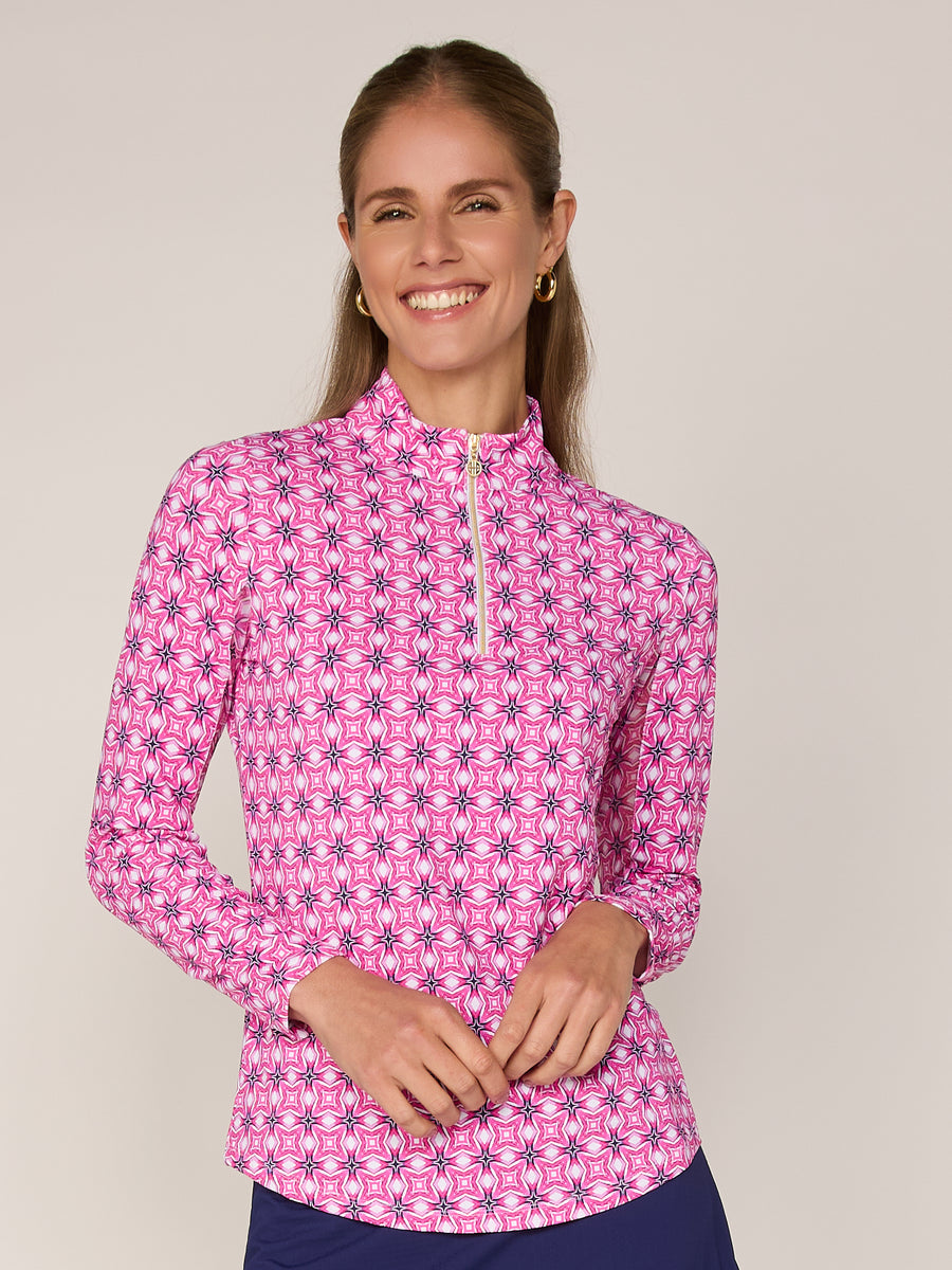 Quarter Zip Sun Protection Top In Pink Petite Tile – G Lifestyle Clothing