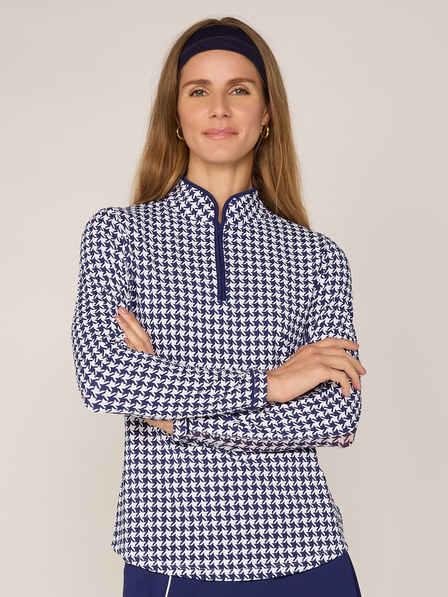 Binding Quarter Zip Long Sleeve Top in True Navy Houndstooth – G ...